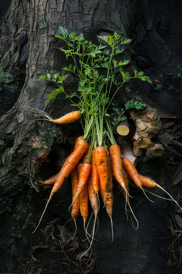 A Bunch of Carrots Sitting Next To a Tree Stock Photo - Image of point ...