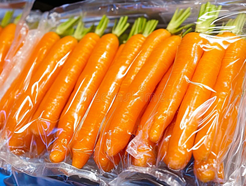 A Bunch of Carrots Wrapped in Plastic Wrap on a Table Stock Image ...
