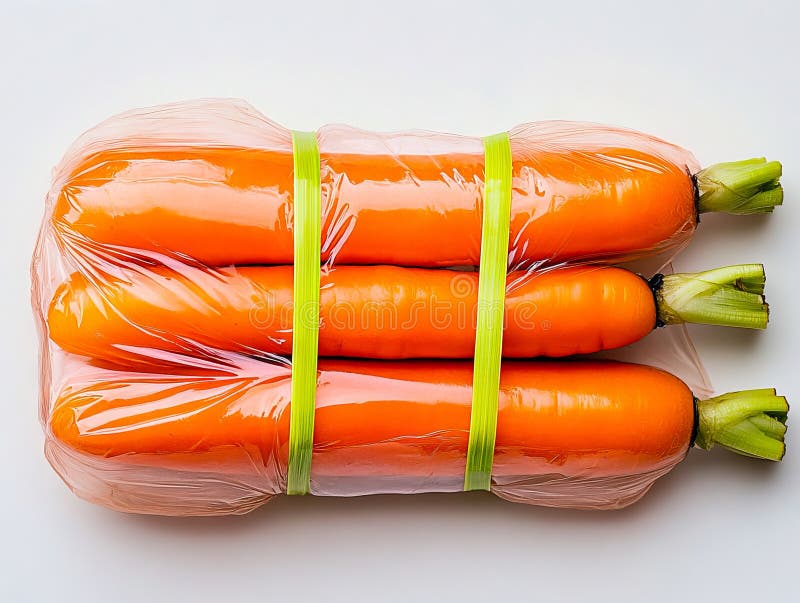 A Bunch of Carrots Wrapped in Plastic Wrap on a White Surface Stock ...