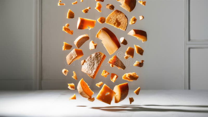 A Bunch of Cheese Falling from a Table Onto the Floor, AI Stock Image ...