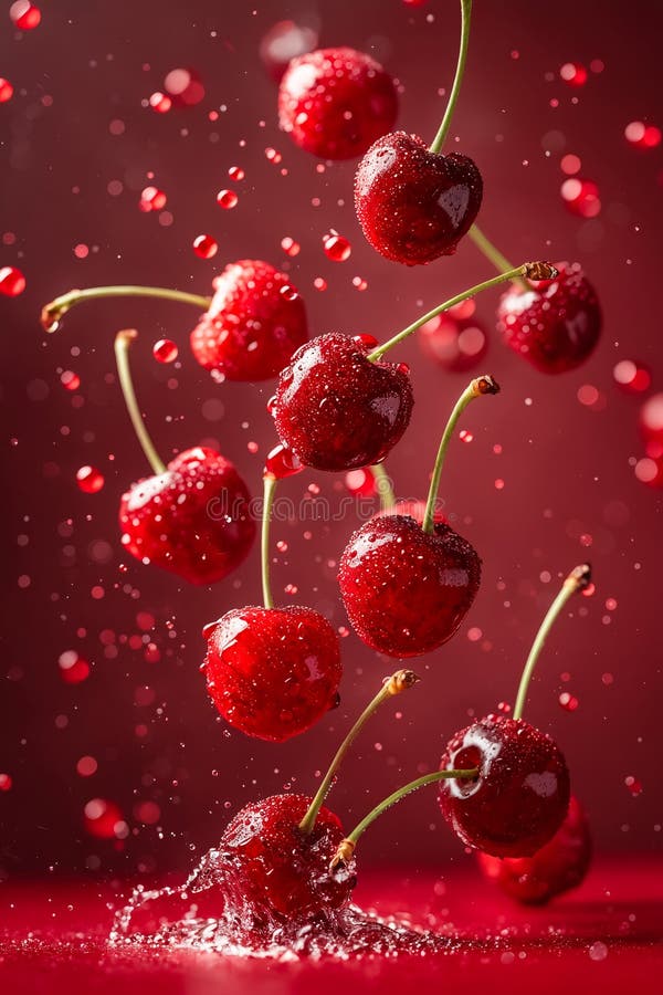 A Bunch of Cherries Falling into the Air with Water Droplets ...