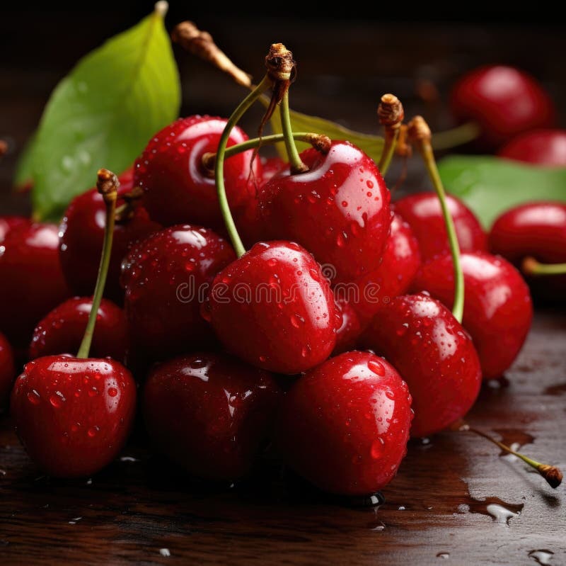 A Bunch of Cherries on a Wooden Table, AI Stock Illustration ...