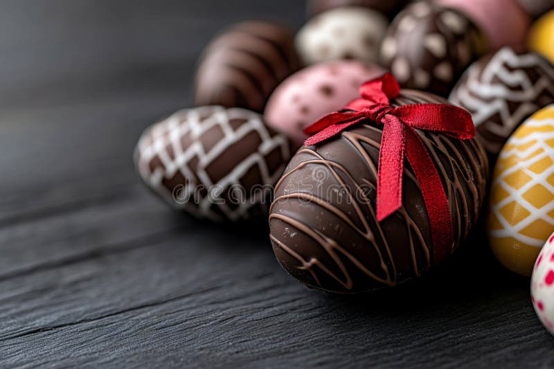 A Bunch of Chocolate Easter Eggs with a Red Ribbon Tied Around Them ...