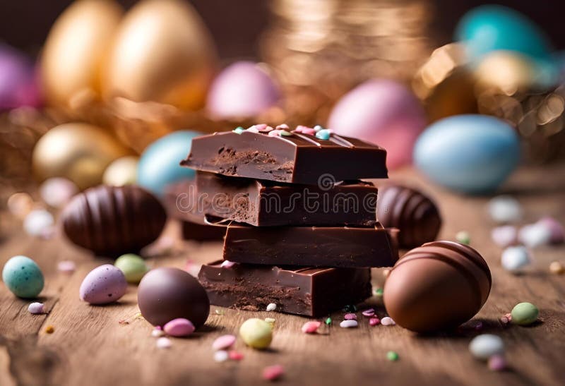 A Bunch of Chocolate Pieces that are on a Table with Many Colored Eggs ...