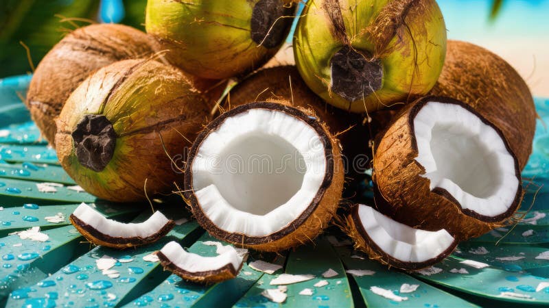 A Bunch of Coconuts are Sitting on a Blue Table, AI Stock Photo - Image ...