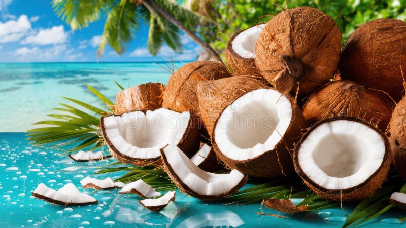 A Bunch of Coconuts are Sitting on a Table Next To the Ocean, AI Stock ...