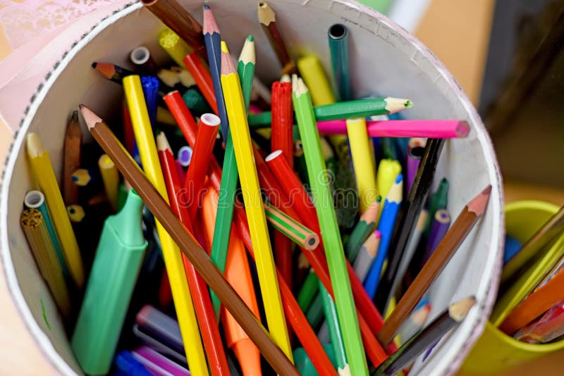 A Bunch of Colored Pencils in a Bucket. Stock Image - Image of style ...