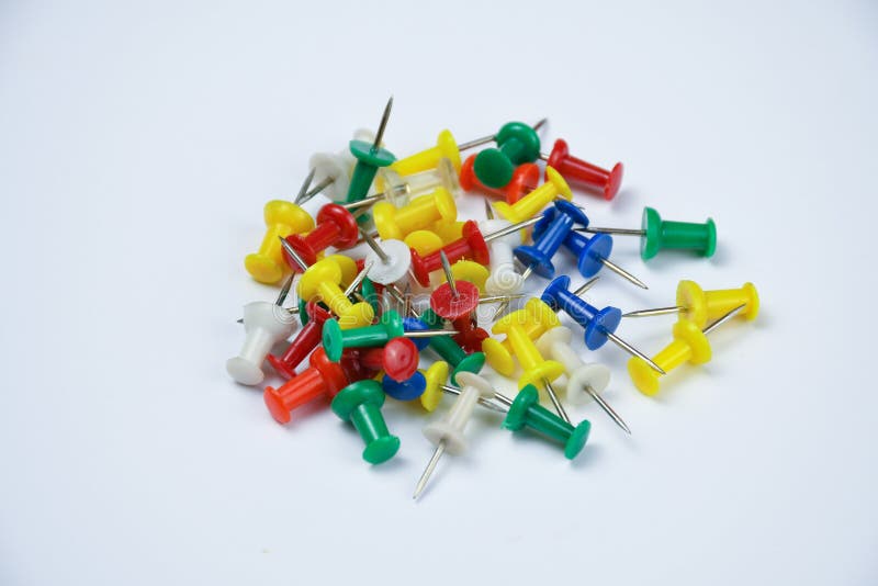 Bunch of Colored Thumbtack Push Pins Isolated on White Stock Image ...
