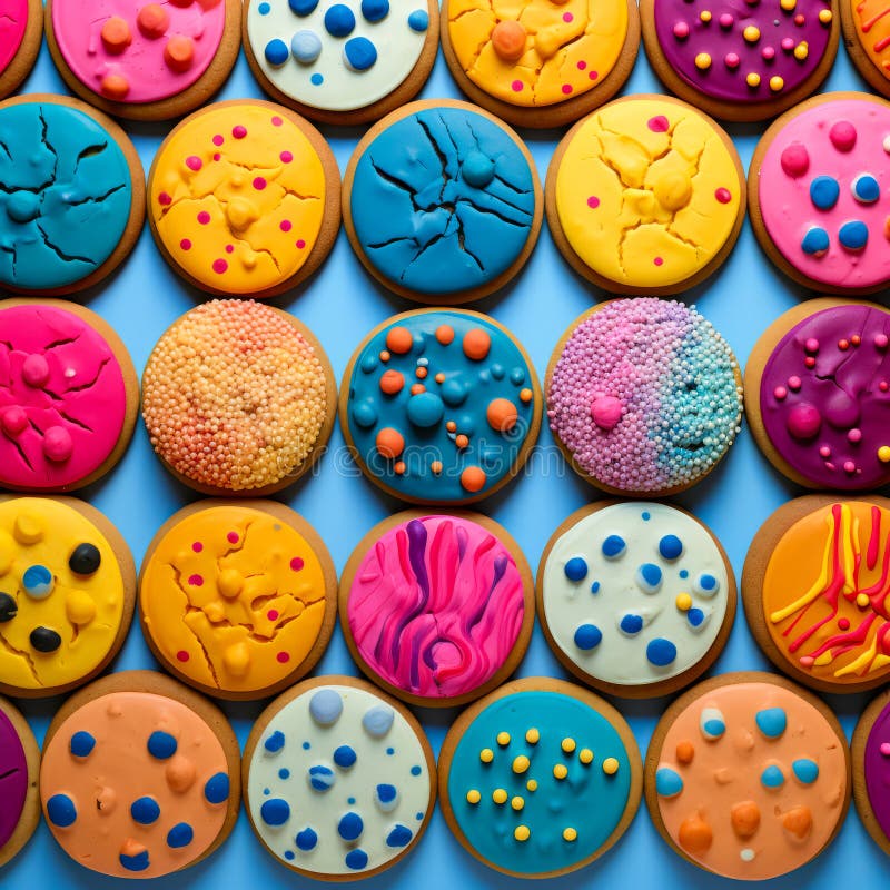 Bunch of Colorful Cookies are on Blue Surface with Sprinkles ...