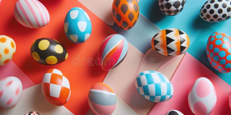 Colorful Easter Eggs on Red Background, Vibrant Hues and Patterns ...