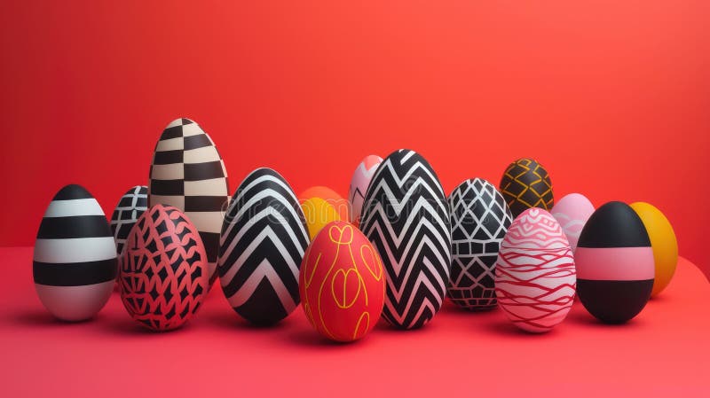 Colorful Easter Eggs on Red Background, Vibrant Hues and Patterns ...
