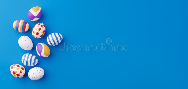 Bunch of Colorful Eggs on a Blue Easter Background 3D Rendering. Pile ...