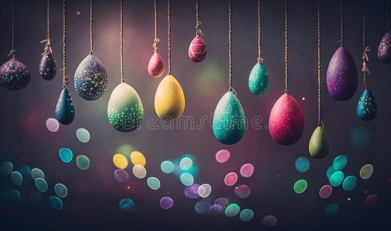 A Bunch of Colorful Eggs Hanging from a String on a Dark Background ...