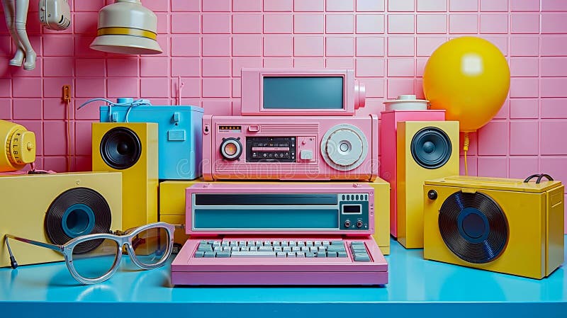 A Bunch of Colorful Electronics Sitting on Top of a Blue Table Stock ...