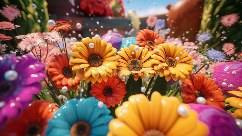 A Bunch of Colorful Flowers are in a Cartoon Scene. AI Generated Stock ...