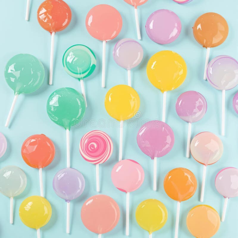 A Bunch of Colorful Lollipops are Lined Up on a Blue Background Stock ...