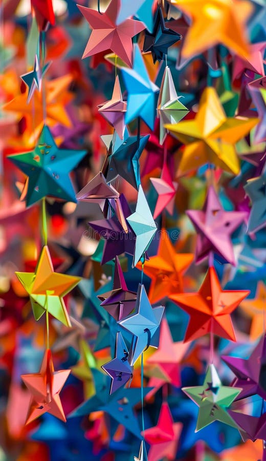 A Bunch of Colorful Paper Stars Hanging from a String Stock Image ...