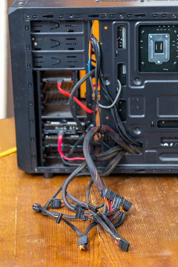 Bunch of Computer Wires Sticking Out from Opened Black Pc Case - Close ...