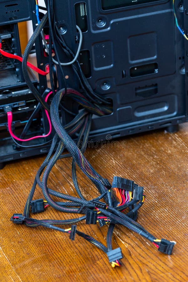 Bunch of Computer Wires Sticking Out from Opened Black Pc Case - Close ...