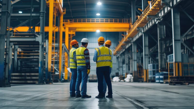 A Group of Construction Workers are Standing in a Warehouse Talking To ...