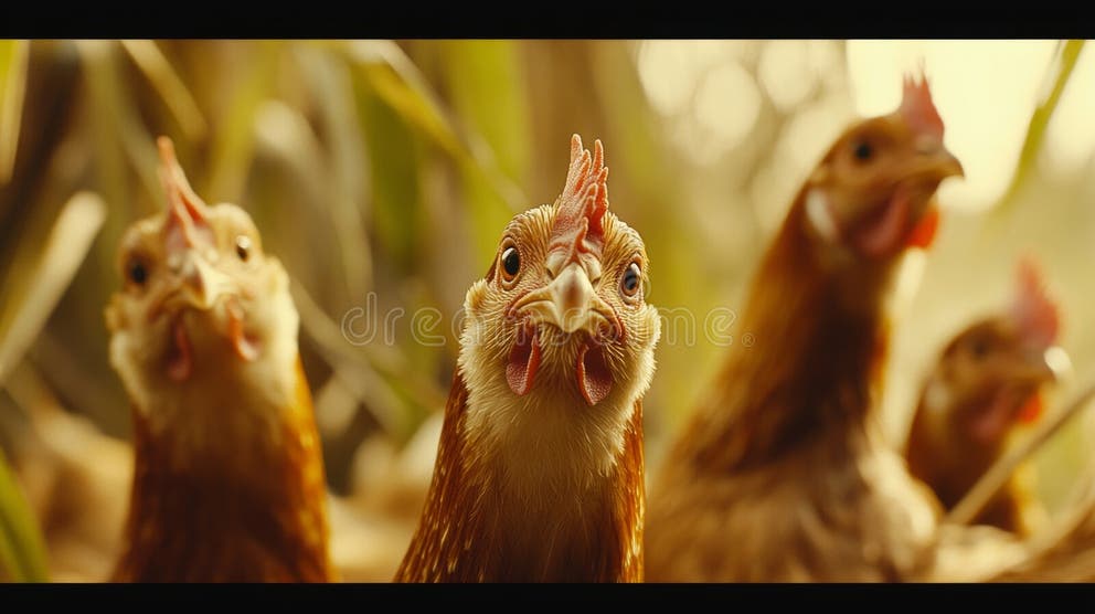 A Bunch of Curious Red Chickens Stare at the Camera with Comical Looks ...
