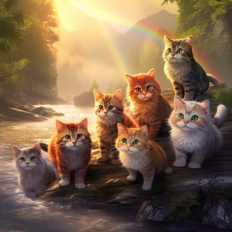 A Bunch of really Cute Cats by a Rainbow River Stock Illustration ...