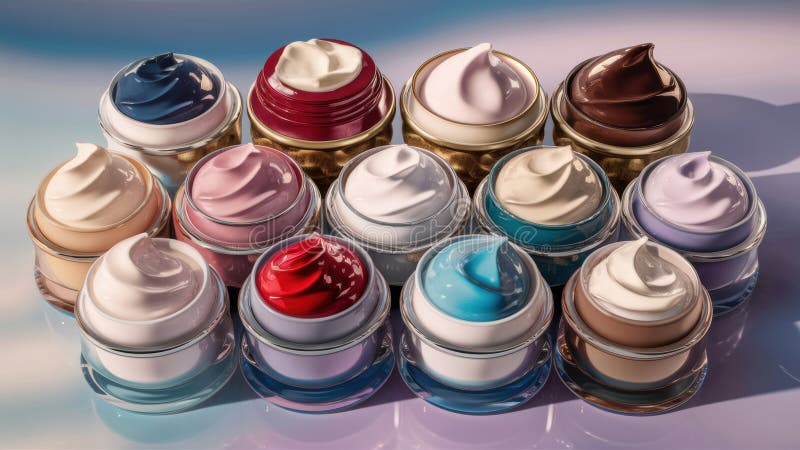 A Bunch of Different Colored Cream in Jars on a Table, AI Stock Photo ...