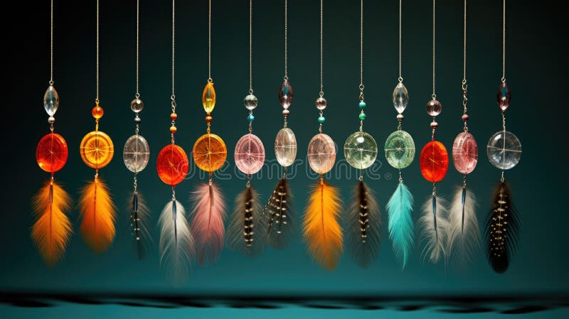 A Bunch of Different Colored Feathers Hanging from Strings. AI. Stock ...
