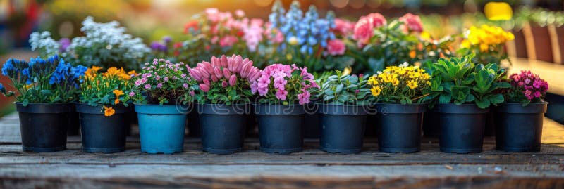 A Bunch of Different Colored Flowers in Black Pots on a Table, AI Stock ...