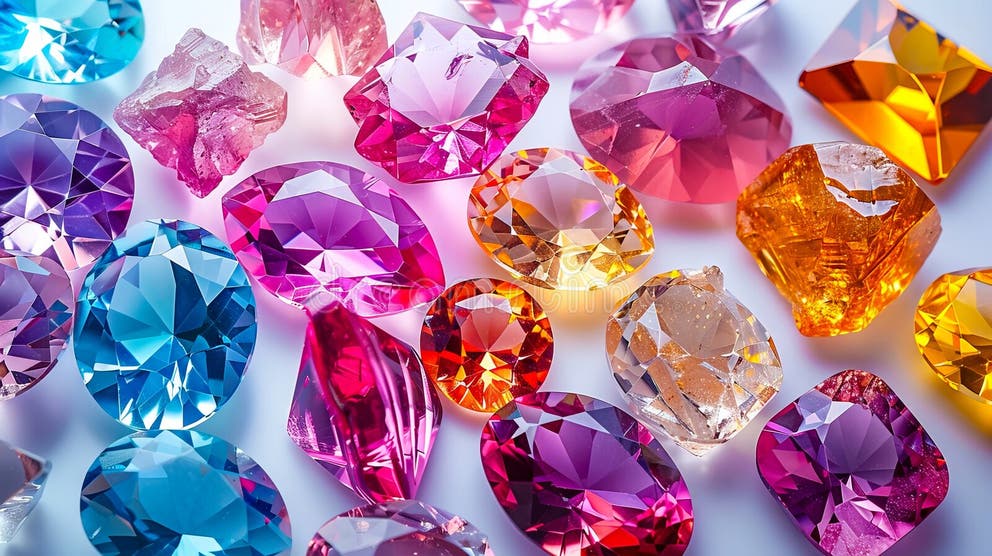 A Bunch of Different Colored Gems on a White Surface Stock Photo ...