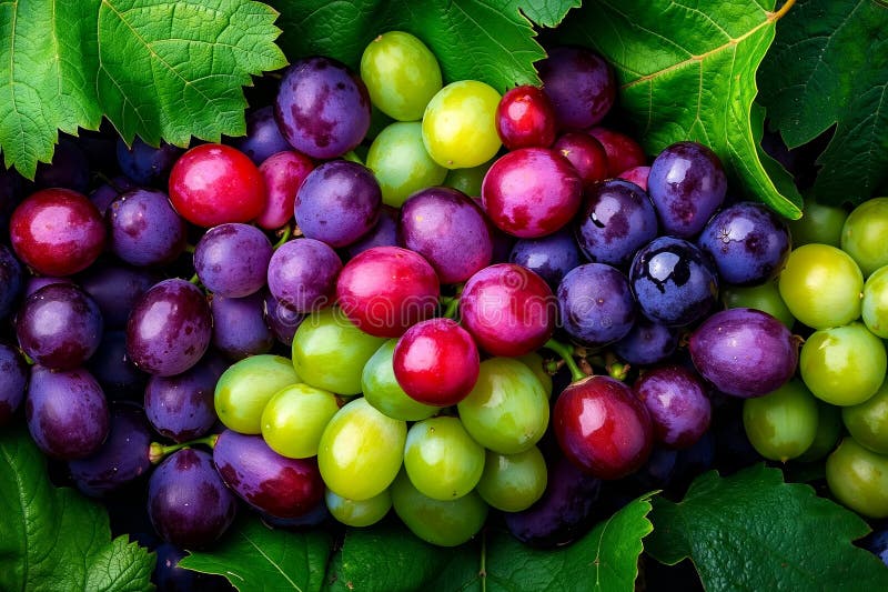 A Bunch of Different Colored Grapes with Green Leaves Stock Photo ...