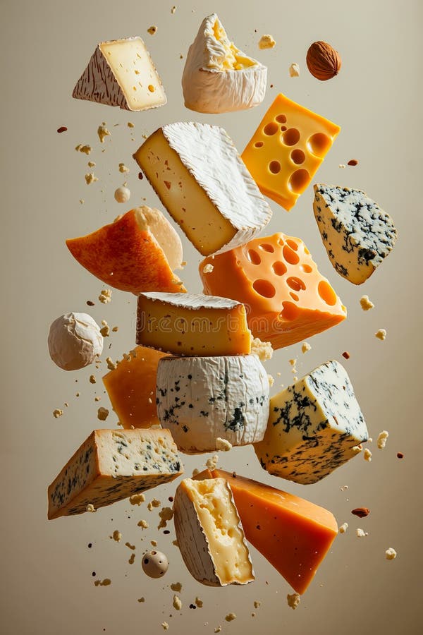 A Bunch of Different Types of Cheese Flying in the Air Stock ...