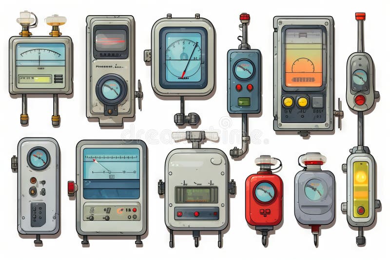Bunch of Different Types of Gauges and Meters on White Background ...