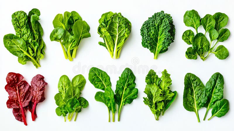 A Bunch of Different Types of Leafy Greens on a White Surface Stock ...