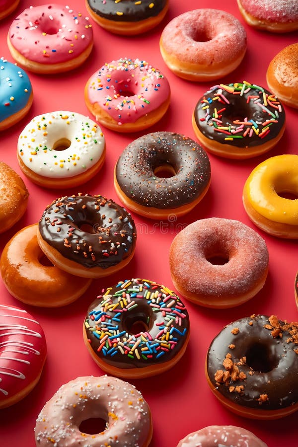 A Bunch of Donuts with Different Toppings on a Red Surface. Generative ...