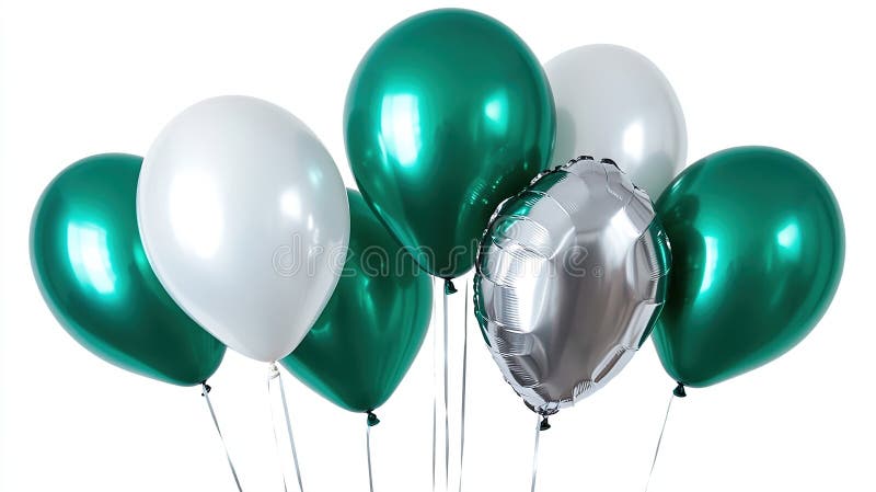 A Bunch of Emerald Green and White Balloons with One Silver Balloon in ...