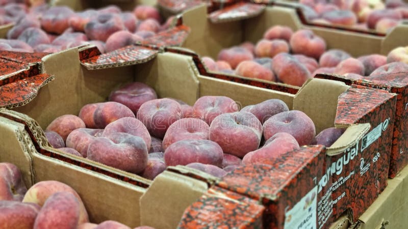 Bunch of Flat Peaches Packed in 5 Kilo Cardboard Boxes Editorial Stock ...