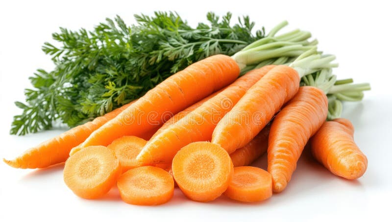 A Bunch of Fresh Carrots with Green Tops, Sliced in Half, on a White ...