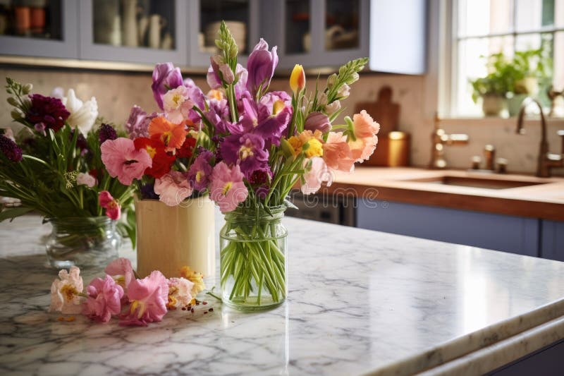 A Bunch of Fresh Flowers on a Marble Countertop in a Well-equipped ...