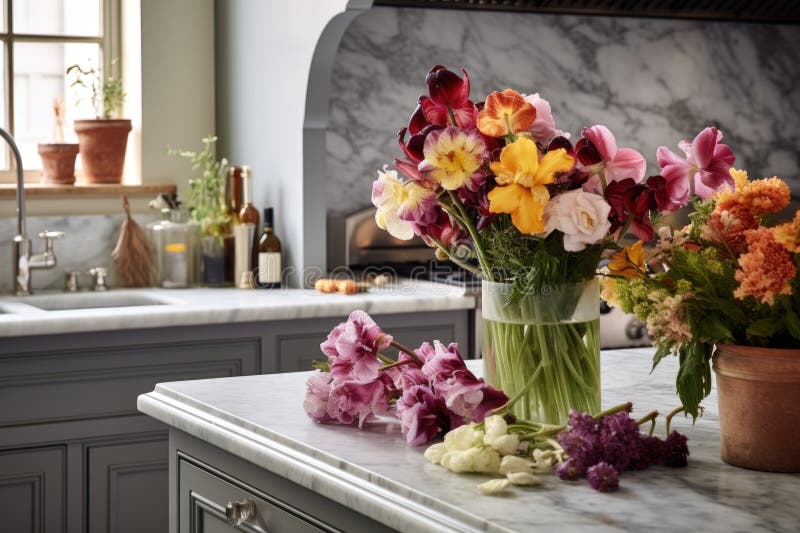 A Bunch of Fresh Flowers on a Marble Countertop in a Well-equipped ...