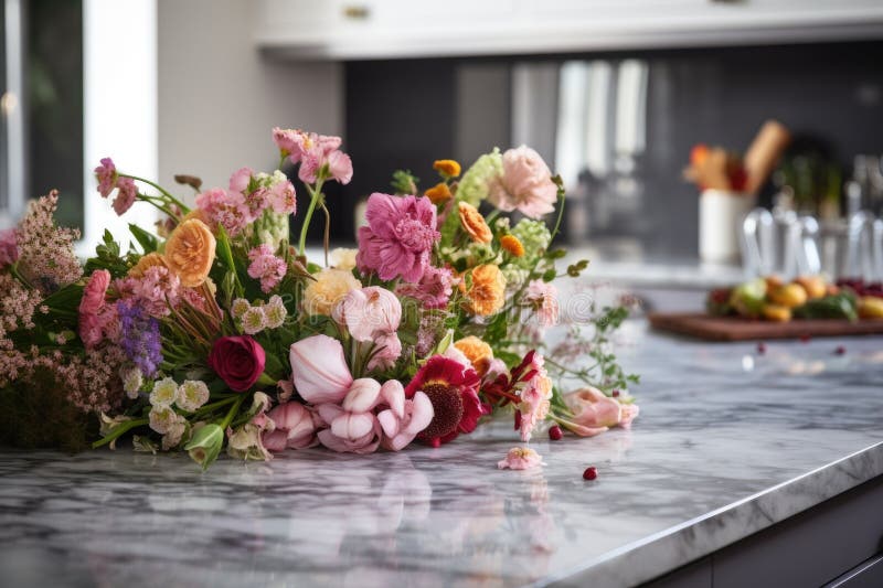 A Bunch of Fresh Flowers on a Marble Countertop in a Well-equipped ...