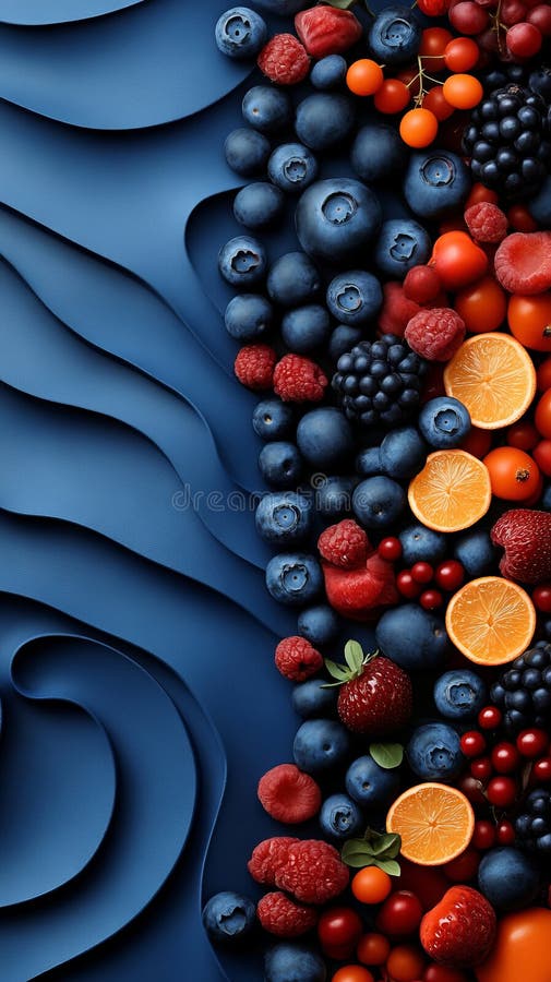 A Bunch of Fresh Fruit on a Blue Background Stock Image - Image of ...