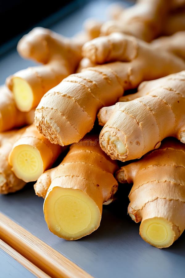 A Bunch of Fresh Ginger on a Cutting Board Stock Photo - Image of tray ...