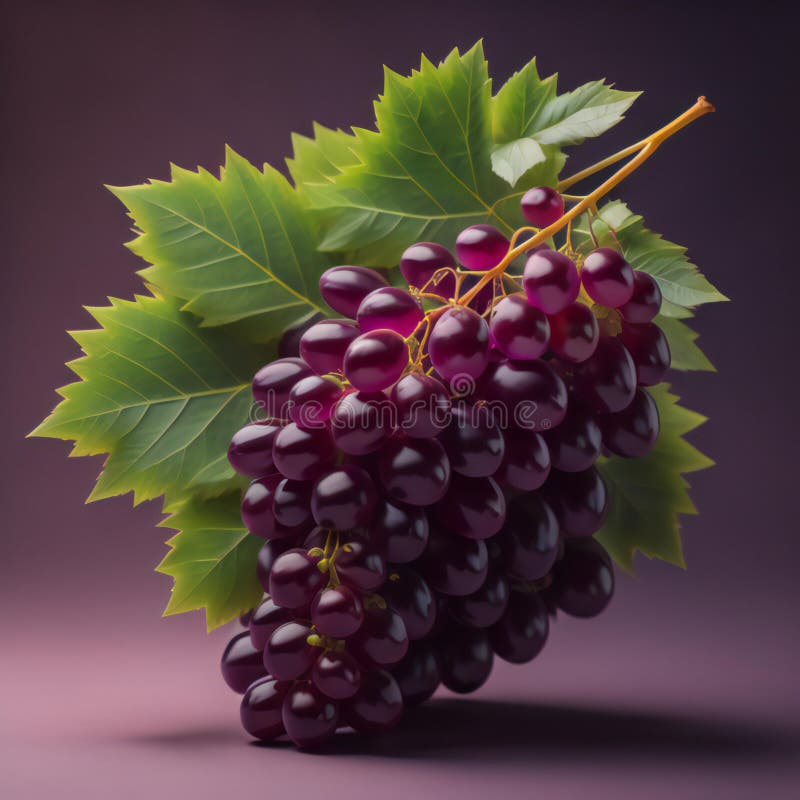 Bunch of Fresh Grapes with Green Leaves on a Purple Background ... Bunch of Fresh Grapes with Green Leaves on a Purple Background ...