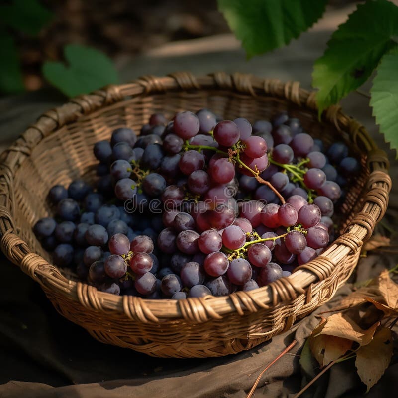 Bunch of Fresh Grapes Resting in a Rustic Woven Bamboo Basket Stock ...