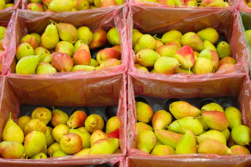 Bunch of Fresh Pears in Boxes in Shop Stock Image - Image of grocery ...