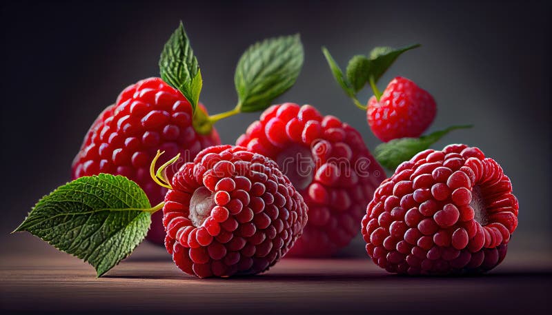 Bunch of Fresh Raspberry Fruit on Dark Background AI Generative Stock ...