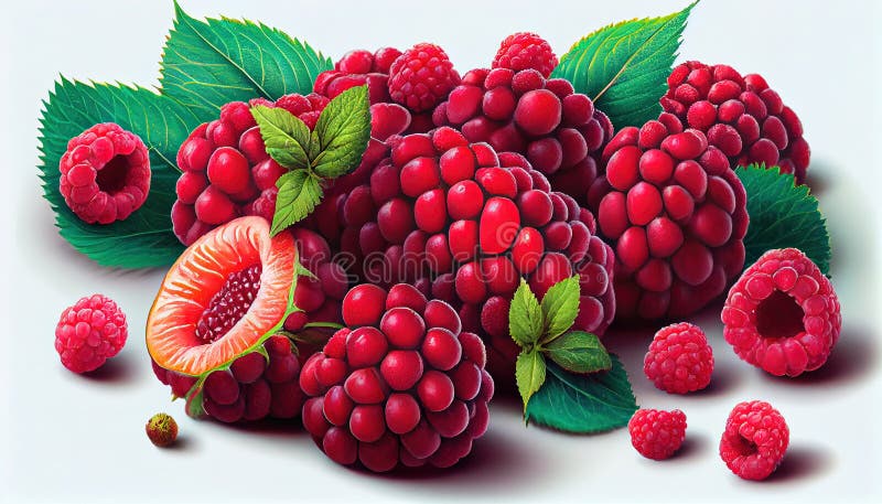 Bunch of Fresh Raspberry Fruit on White Background AI Generative Stock ...