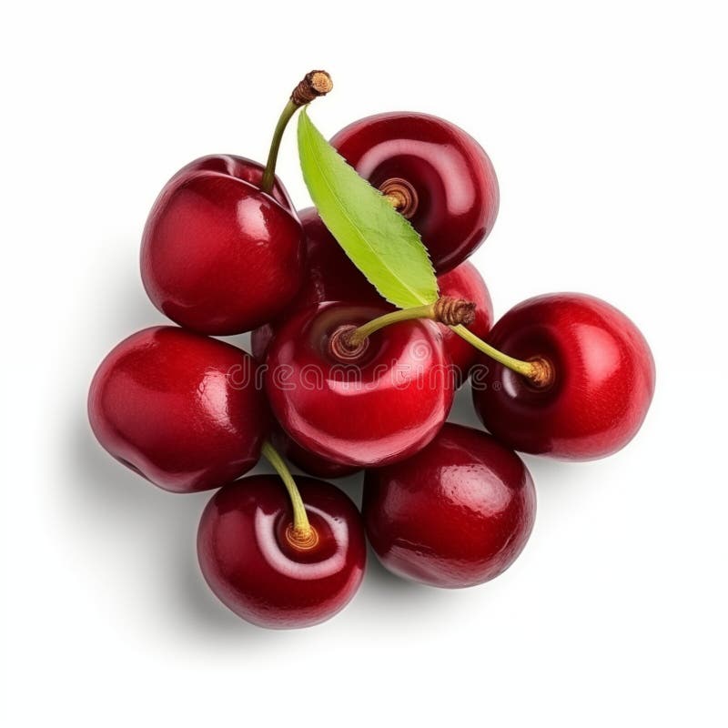 Bunch of Fresh Red Cherries with Stems and Leaf Isolated on White ...