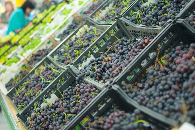 Bunch of Fresh Red Grape in Boxes in Supermarket Stock Photo - Image of ...
